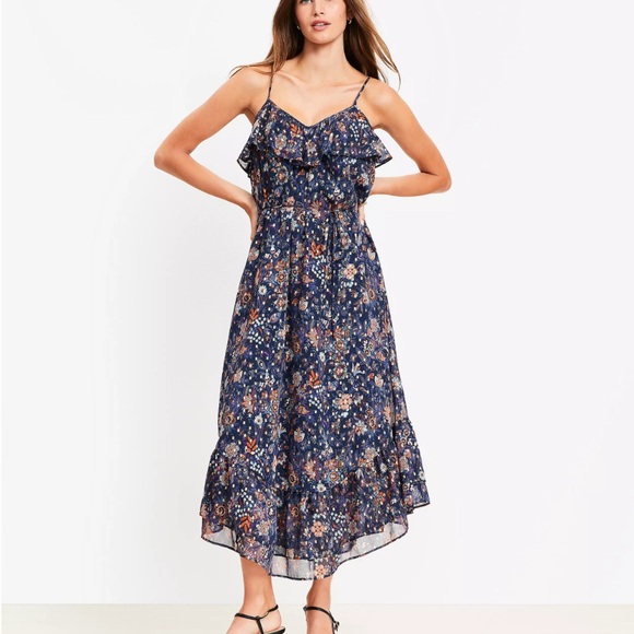 LOFT | Dresses | Loft Shimmer Garden Ruffle Midi Dress | Poshmark